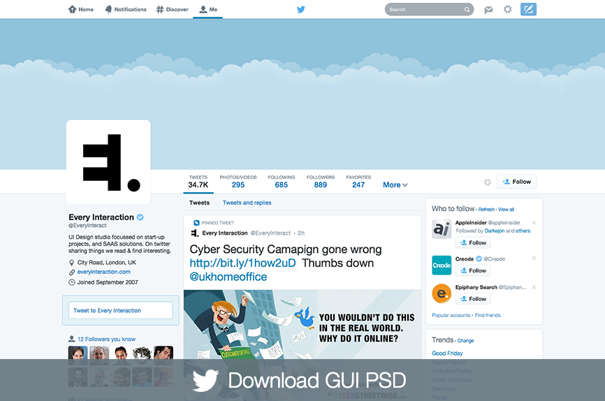 Twitter Profile GUI PSD Template | Every Interaction
