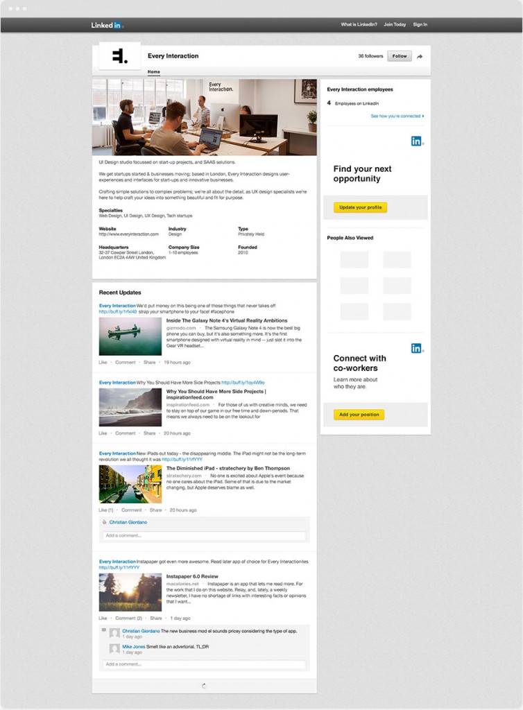 LinkedIn Company page GUI PSD/Sketch Template | Every Interaction